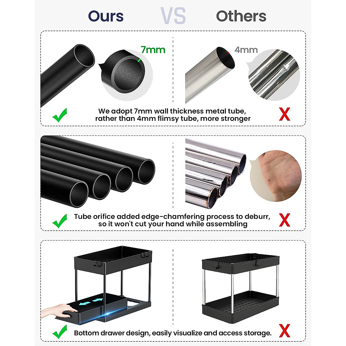 Cucn Under Sink Organizer, 2 Tier Under Sliding Cabinet Basket Organizer Drawer with Hooks, Under Sink Organizers and Storage Under Cabinet Storage for Bathroom Kitchen, Black