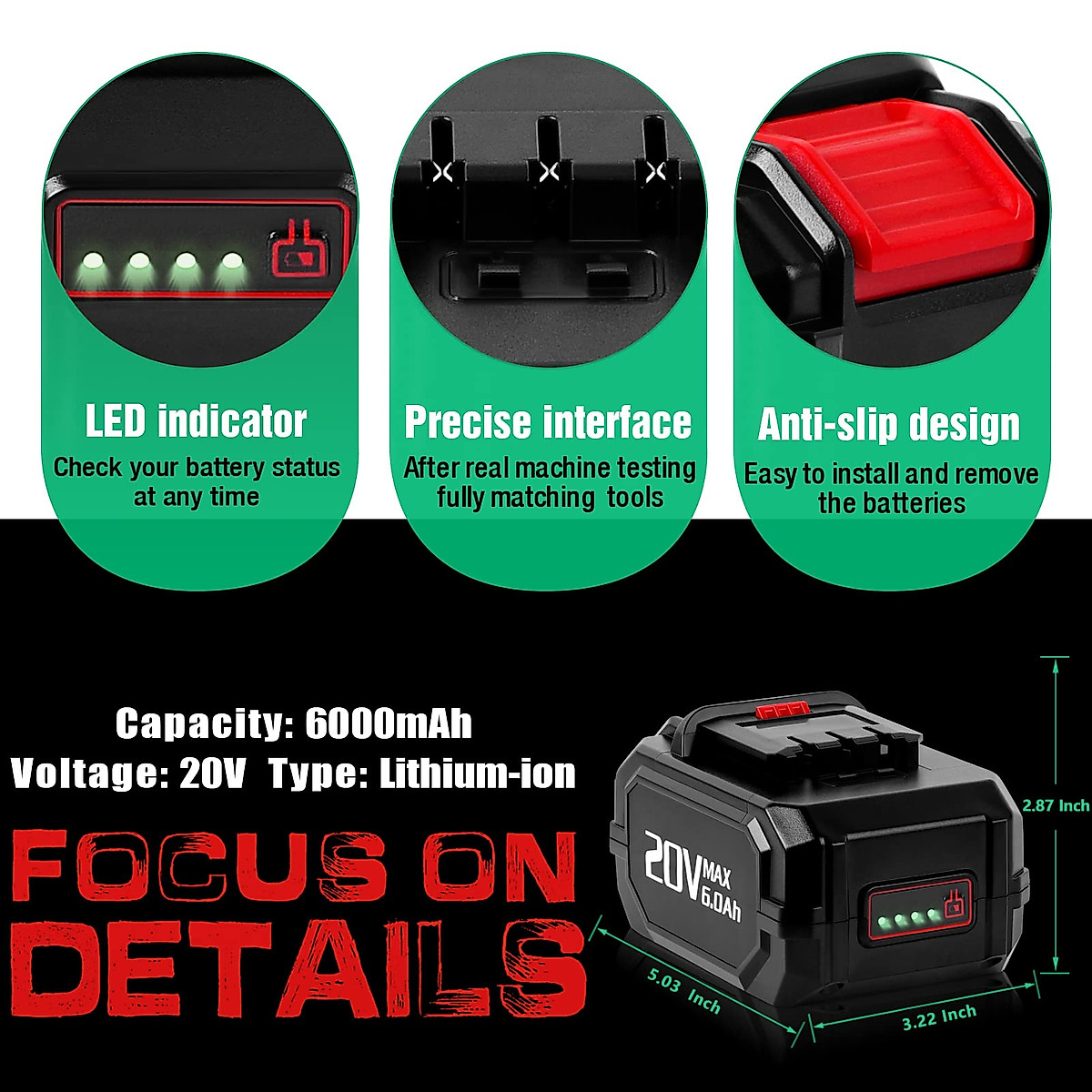 【Upgrade】 2Pack CaliHutt 6000mAh Replacement Battery for KIMO 20V Lithium Battery for KIMO 20V Cordless Blower Wrench Nailer Drill