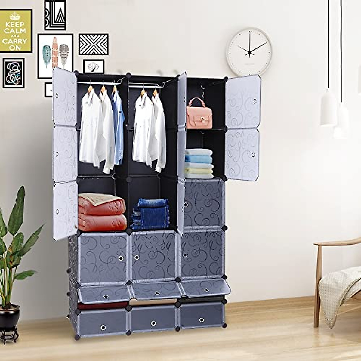 Cffuvros 18-Cube DIY Plastic Closet Cabinet, Storage Cube Organizer with Doors and Clothes Rod, Stackable Closet Shelf for Bedroom, Plastic Space Saver for Home, Living Room, Office