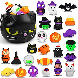 YUJUN 24PCS Halloween Mochi Squishy Toys with Black Cauldron,Kawaii Squishies Mini Stress Relief Toys for Halloween Party Favors Goodie Bag Stuffers for Kids Boys Girls