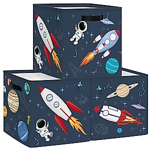 Clastyle 3 Pcs Space Kid Storage Cube Organizer Set Rocket Closet Clothes Cube Storage Bin Blue Nursery Toddler Toy Box Chest Astronaut Book Shelf Basket, 11.8 in
