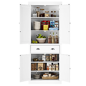FACBOTALL 72.4” Kitchen Pantry Cabinet, Freestanding Cupboard with Rattan Doors and Large Drawer, Utility Pantry Cabinet, Tall Kitchen Pantry Storage Cabinet for Kitchen, Dining Room, White