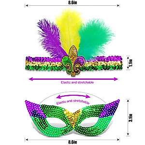 2PCS Mardi Gras Feathers Headband Purple Yellow Green Feather Headband Mardi Gras Sequin Mask Carnival Headband for New Orleans 1920s Carnival Parade Tea Party Halloween Fleur De Lis Hair Band