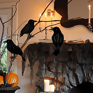 Pseutio 6 Pack Halloween Crows and Ravens Decorations Halloween Feathered Crows Realistic Looking Raven for Halloween Prop Decor