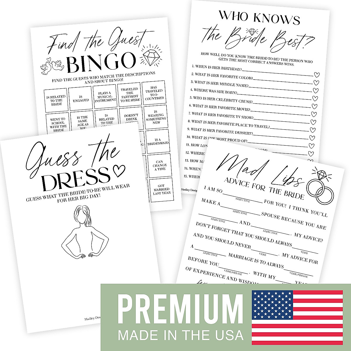 Hadley Designs 40 Minimalist Funny Bridal Shower Games 20 Guests - Wedding Games for Guests, Couples Wedding Shower Games for Couples, Games for Bridal Shower Bingo Game, Bridal Party Games