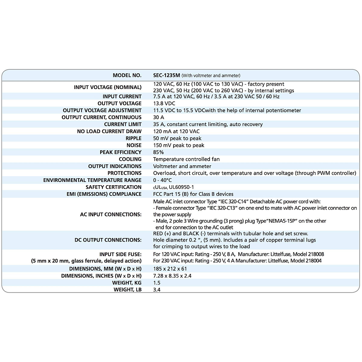 Samlex SEC-1235M Desktop 30A Switching Power Supply, Advanced switch-mode technology, Reliable power with minimum weight and size, Circuit innovations minimize output voltage ripple and RFI