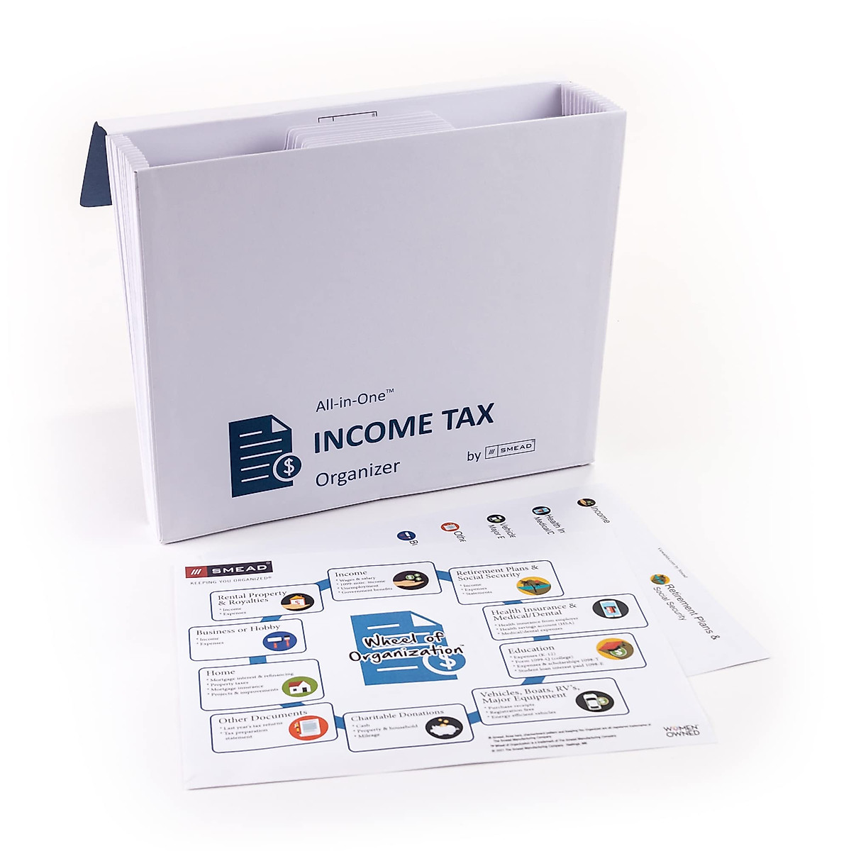 Smead All-in-One Income Tax Organizer, 12 Pockets, Flap and Cord Closure, Letter Size, Navy/White (70660)