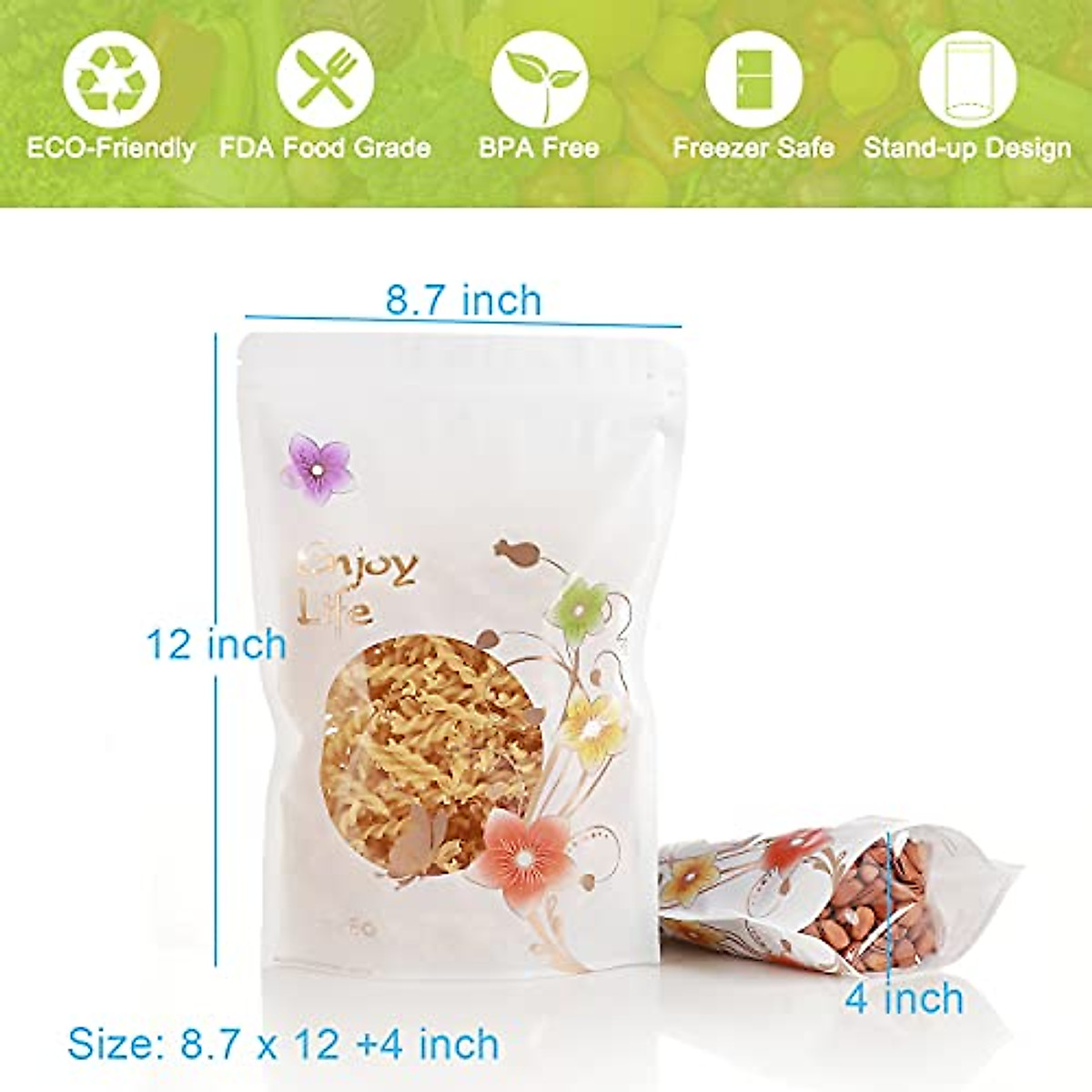 SixWeKit 50 Pack Food Storage Bags, Resealable Stand Up Leakproof Reusable Freezer Bags for Foods, Breads, Cookies, Sandwich, Meat, Dried Foods (8.7x12+4in)