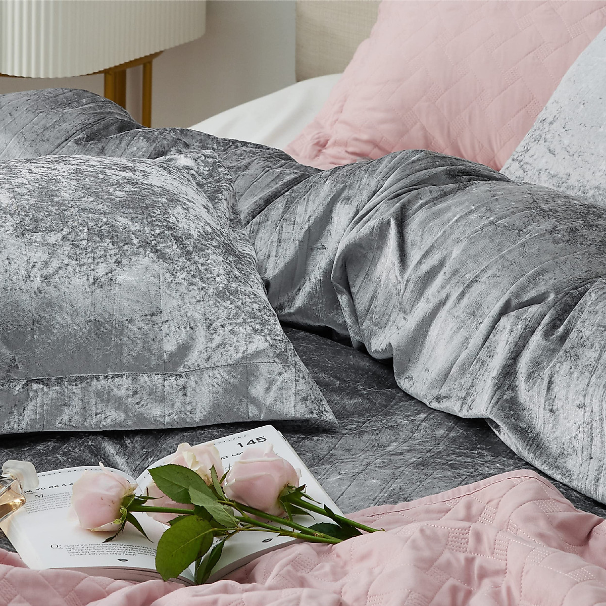 Bedsure Velvet Duvet Cover Set - Luxurious, Glossy King Size Duvet Cover Set, Grey Duvet Cover King Size with 2 Pillow Shams (Silver Grey, King, 104 x 90 inches)