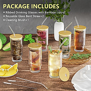 CWHHRN 16OZ Glass Cups with Lids and Straws, Vintage Ribbed Glassware for Whiskey Cocktail Beer, Iced Coffee Cups with Lid, Glass Tumbler with Straw and Lid (2 PACK)