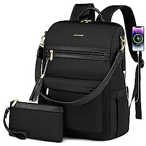 LOVEVOOK Laptop Backpack Women,17.3 Inch Convertible Backpack Purse for Women with USB Port,Fashion Teacher Nurse Bag Work Backpack with Cute Wristlet Bag for Travel College Commute,2 PCS,Black