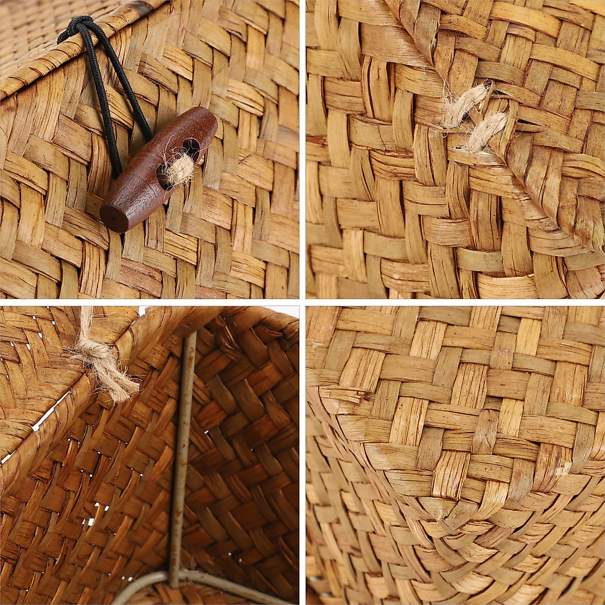 YRHOME Seagrass Rattan Basket Storage with Lid, Natural Hand-woven Rectangular Household Basket Bins for Organizer Boxes Shelf Desk (Original 10.2’’D X 6.7’’W X 4.3’’H)