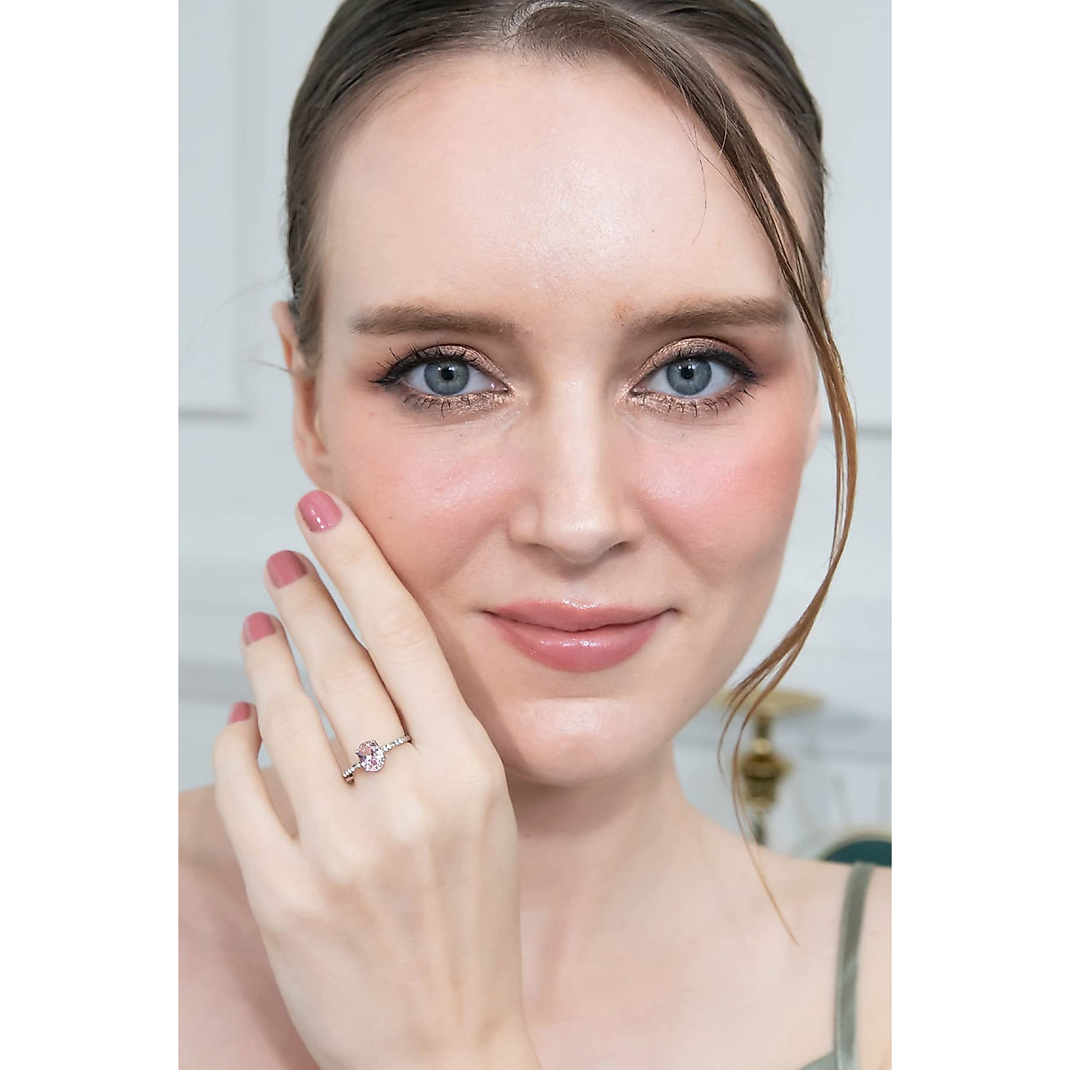 B. BRILLIANT Sterling Silver Simulated Morganite and White Topaz Oval Crown Ring, Size 9