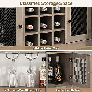 SICOTAS Coffee Bar Cabinet with Storage - Farmhouse Sideboard Buffet Cabinet Wine Cabinet with Wine Rack, Boho Liquor Cabinet for Home, Kitchen Cabinet with Mesh Doors for Dining Room, Oak