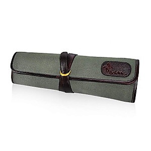 Boldric Cotton Canvas DD Hook Tie Chef Knife Bag – Professional Canvas Travel Roll Carrier Case With Water Buffalo Hide Trim - 7 Tool Holder Slots For Knives Pens Pencils Spoons (Green)