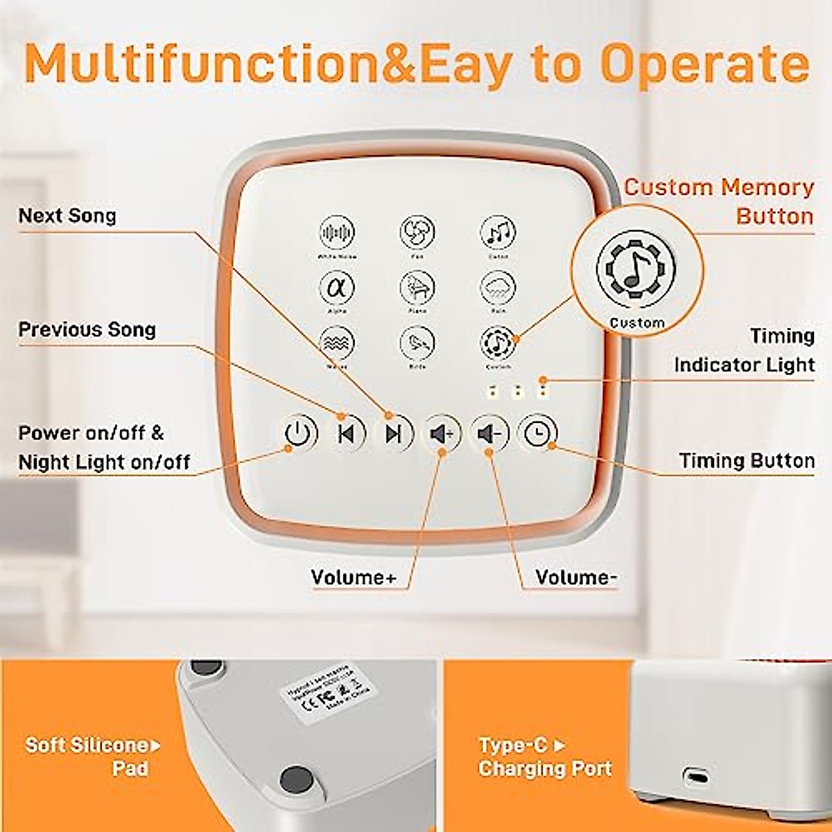White Noise Machine, Symoode Rechargeable Sound Machines with Warm Night Light for Sleeping, 15 Non Looping Natural Soothing Sounds, Timer & Memory Feature, Portable Sleep Sound Machine for Adults