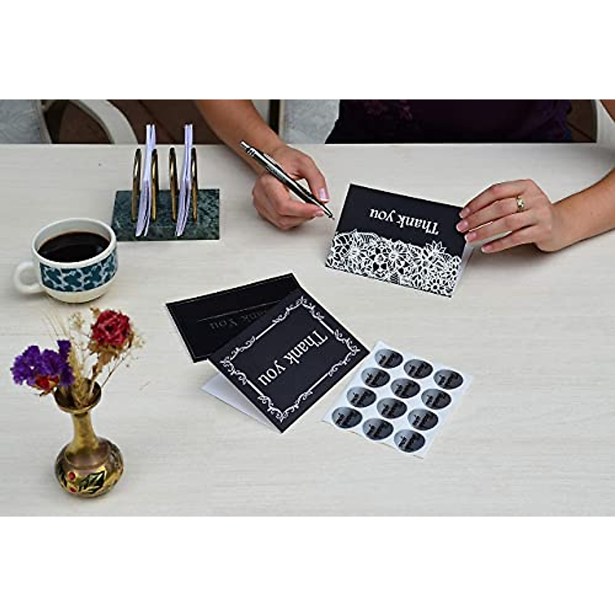 120 Elegant Thank You Cards in Black with Matching Black Envelopes and Sealing Stickers - Thick Quality Cardstock 6 Designs Bulk Notes Embossed with Silver Foil Letters, 4x6 Inches Folded