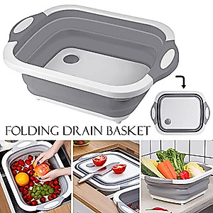 Collapsible Cutting Board, HI NINGER Chopping Board with Towel Kitchen Foldable Camping Dishes Sink Space Saving 3 in 1 Multifunction Storage Basket for BBQ Prep/Picnic/Camping (Grey)