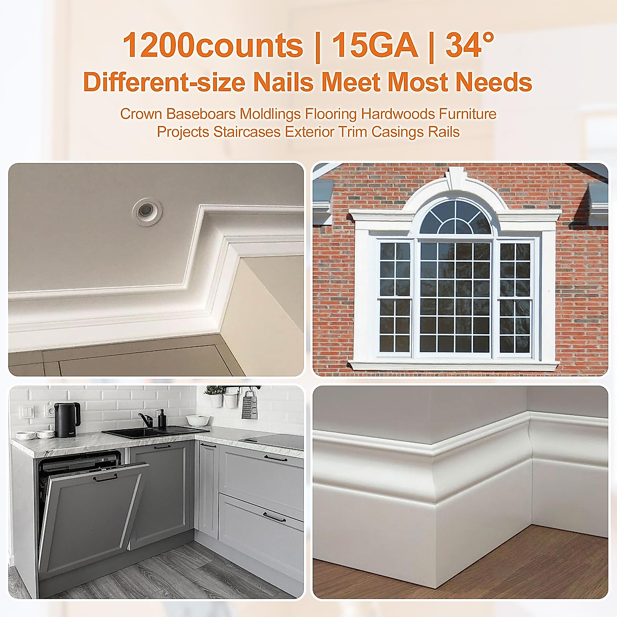 PINOZE 15 Gauge DA Angled Finish Nails, 34-Degree, 1200-Pack (2-1/2", 2", 1-1/2", 1-1/4" 300 Per Sizes), Galvanized Assorted Size Project Pack, for Pneumatic, Electric Angled Finish Nailer Gun