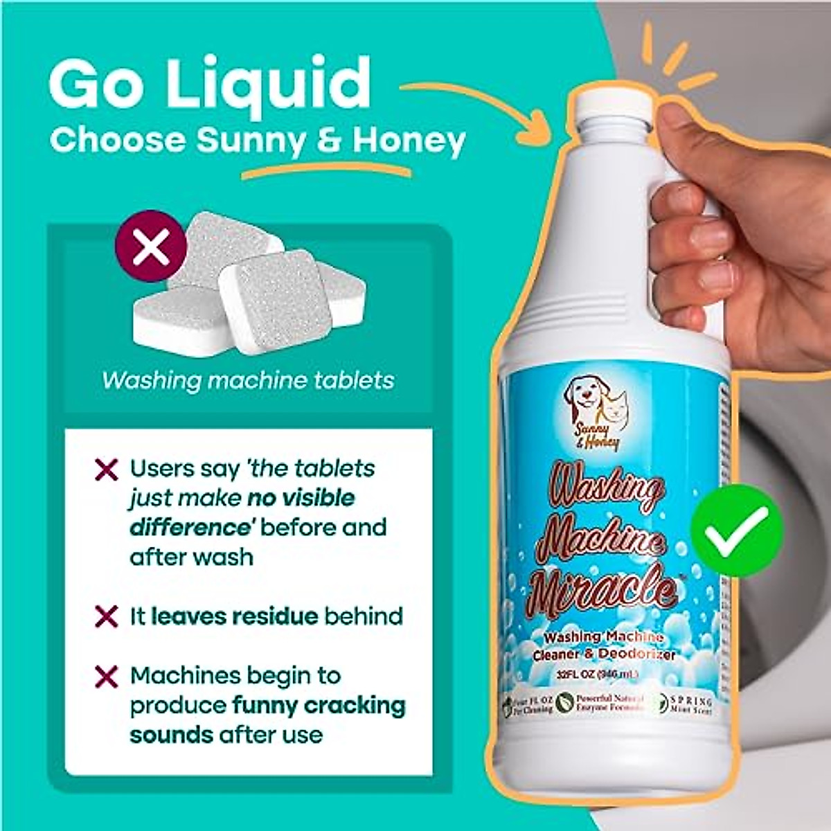 Sunny & Honey Liquid Washing Machine Cleaner & Deodorizer - Top & Front Load Washer Cleaner - 32 fl oz Washing Machine Deodorizer