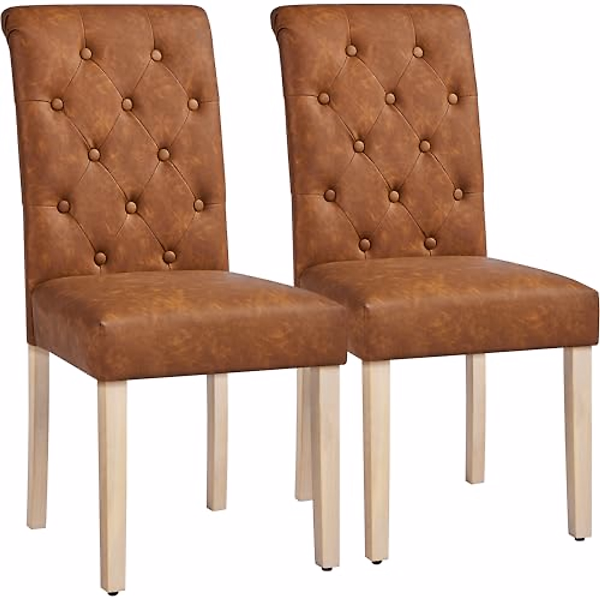 Yaheetech Faux Leather Dining Chairs Set of 2 Parsons Button Tufted Chairs with Rubber Wood Legs and High Back for Kitchen Living Room Lounge, Retro Brown