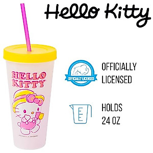 Silver Buffalo Sanrio Hello Kitty Summertime Gardening 4-Pack Color Changing Plastic Tumblers Includes Lid and Straw, 24 Ounces