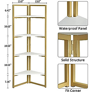 VERYKE 4 Tier Corner Shelf Standing Display Rack Corner Bookshelf Storage Plant Rack with Metal Frame Multipurpose Plant Stand for Living Room, Office, Kitchen, Small Space (Gold/White)