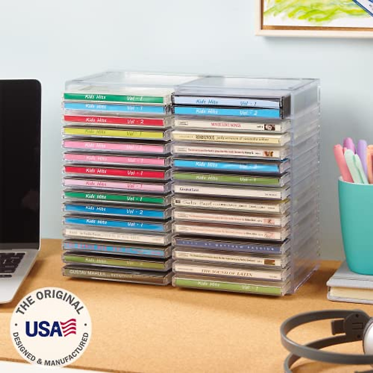 STORi Stackable Clear Plastic CD Organizer with Rubber Feet | Rectangular Jewel Cases Holder Perfect for Office and Theatre Room | Holds up to 30 CD Cases | Made in USA