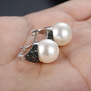 Milacolato Pearl Earrings 18K White Gold Plated 925 Sterling Silver Pearl Earrings Simulated Pearl Drop Earrings Pearl Dangle Stud Earrings Love Jewelry Gifts for Women
