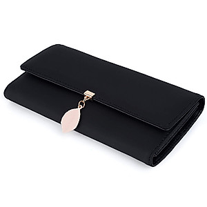 UTO RFID Wallet for Women PU Leather Leaf Pendant Card Holder Phone Checkbook Organizer Zipper Coin Purse Black