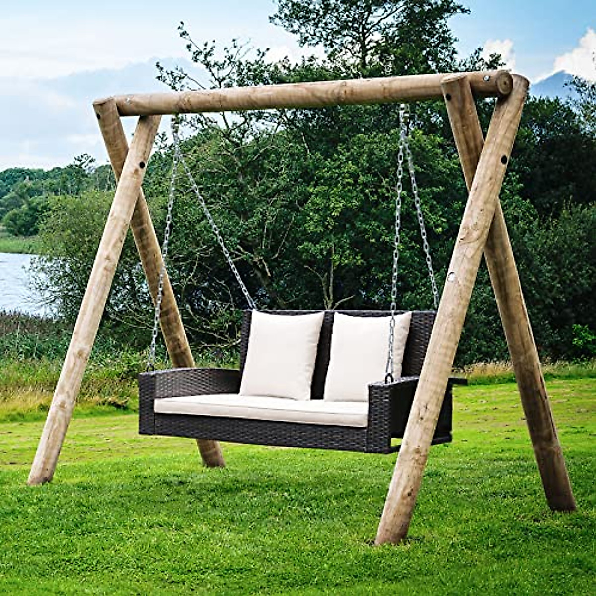 Tangkula 2-Person Wicker Hanging Porch Swing, Patiojoy Outdoor Rattan Swing Bench W/ 2 Back Cushions & 1 Seat Cushion, Sturdy Steel Chain, 800lbs Weight Capacity, Suitable for Deck, Backyard, Garden