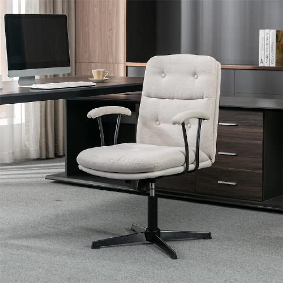 Okeysen Modern Office Desk Chair, Vanity Chair with Removable Padded Armrests for Home, Ergonomic Swivel Chair with No Wheels, Linen Padded Comfy Chair with Premium Thick Cushion