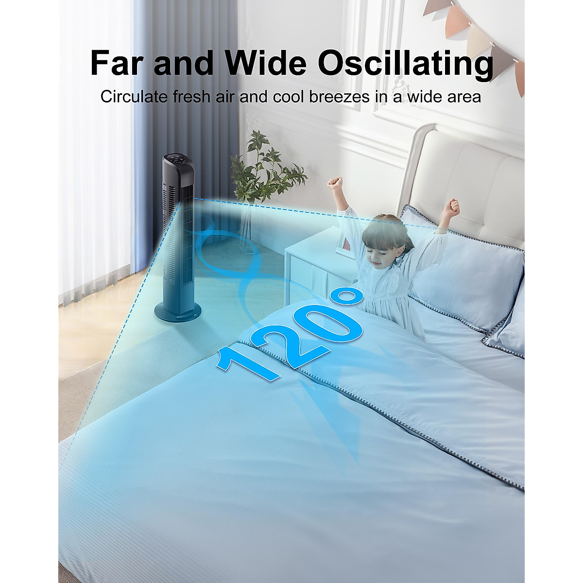 Uthfy Oscillating Tower Fan with Remote, Electric Standing Tower Fan Floor Fan for Bedroom Indoor Office and Home Use,Quiet Cooling Portable Bladeless Tower Fans, 30 inchs, Black Tower Fan