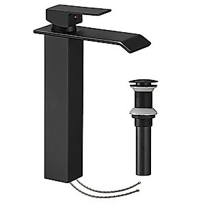 Bathfinesse Matte Black Bathroom Faucet Vessel Sink Bowl Faucet Tall with Pop Up Drain Assembly Single Handle Single Hole Vanity Lavatory Deck Mount Supply Lines Hose Lead-Free