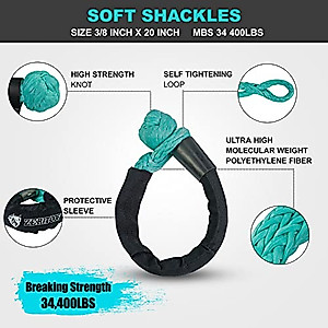 Zeritoof 7/8"×30ft Kinetic Recovery Tow Rope (31,200lbs) Heavy Duty Kinetic Rope, with 2 Soft Shackles 3/8" x 20" (34,400lbs), for Trucks, Jeep, SUV, Offroad, ATV, UTV, Or Snowmobile