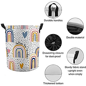 Laundry Hamper Hand Drawn Rainbow Hearts Fabric Storage Basket Round Collapsible Colorful Neon Dot Laundry Baskets with Drawstring Closure for Bedroom Living Room Bathroom