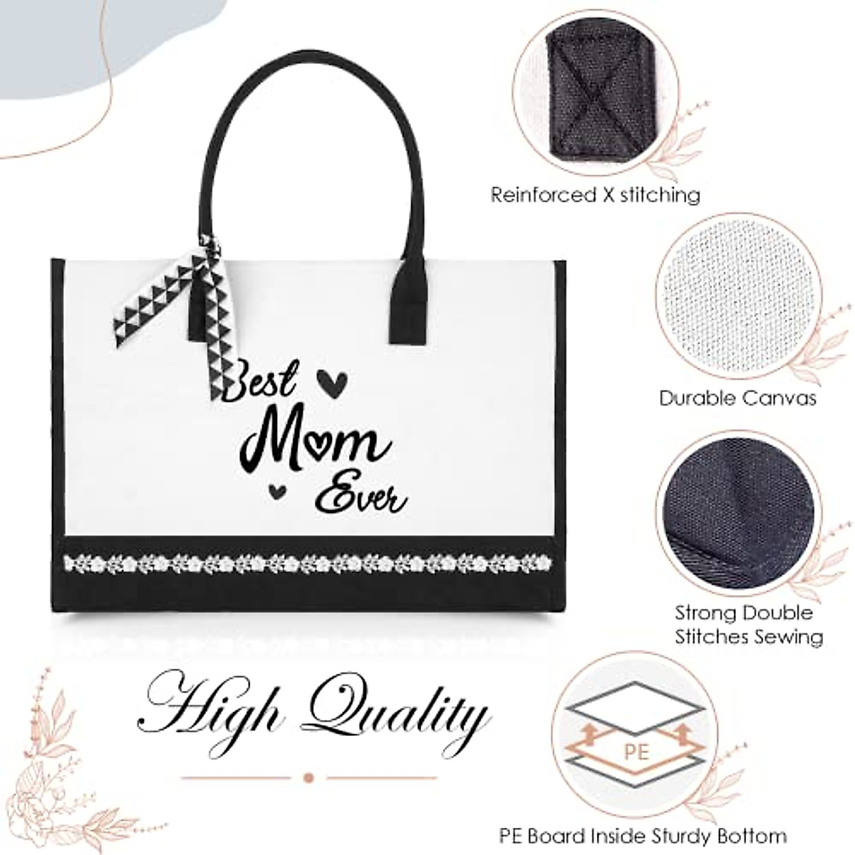 GLORIEROO Gorgeous Christmas Gifts, Lovely Lace Canvas Tote Bag Mom Gifts, Embroidery Gifts for Mom, Gifts for Wife, Great for Birthday, Valentines Day, Anniversary, Mothers Day Gifts_Best Mom Ever