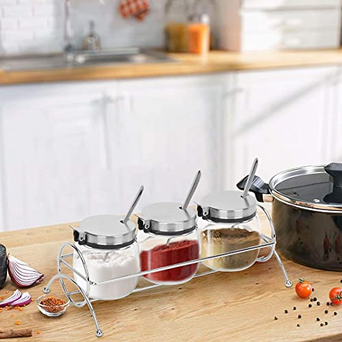 only fire Condiment Jar Spice Container with Lids, Stainless Steel Serving Spoons, Base Rack and Labels - Glass Seasoning Bottles Kitchen Accessories | Set of 3