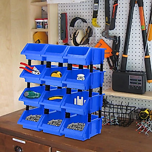 HOIGON 12 Pack Blue Garage Storage Tool Bin, 7.09 x 4.72 x 3.15 Inch Plastic Hanging Stacking Stackable Organizer Storage Rack for Hardware Tools Organization, Workshop, Small Parts