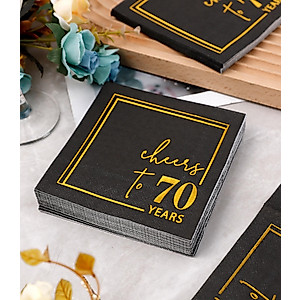 Cheers to 70 Years Cocktail Napkins - 50PK - 3-Ply 70th Birthday Napkins 5x5 Inches Disposable Party Napkins Paper Beverage Napkins for 70th Birthday Decorations Wedding Anniversary Black and Gold