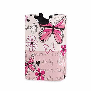 ALAZA Large Laundry Basket Pink Butterfly Laundry Bag Hamper Collapsible Oxford Cloth Stylish Home Storage Bin with Handles, 22.7 Inch