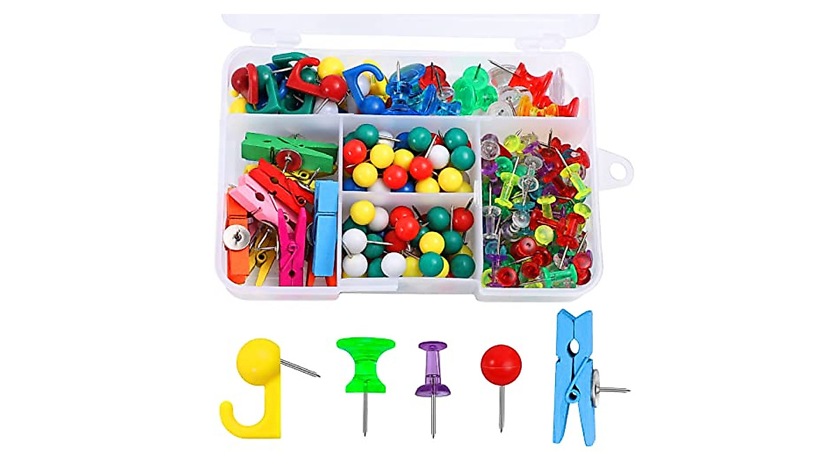 200 Pcs Multicolor Push Pins & Thumb Tacks Set | 5 Styles