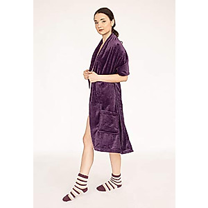 Chic Home Pedra Wrap Snuggle Robe Cozy Super Soft Ultra Plush Flannel Fleece Wearable Blanket with 2 Pockets and Bonus Pair of Striped Socks22” x 88”, 22, Purple