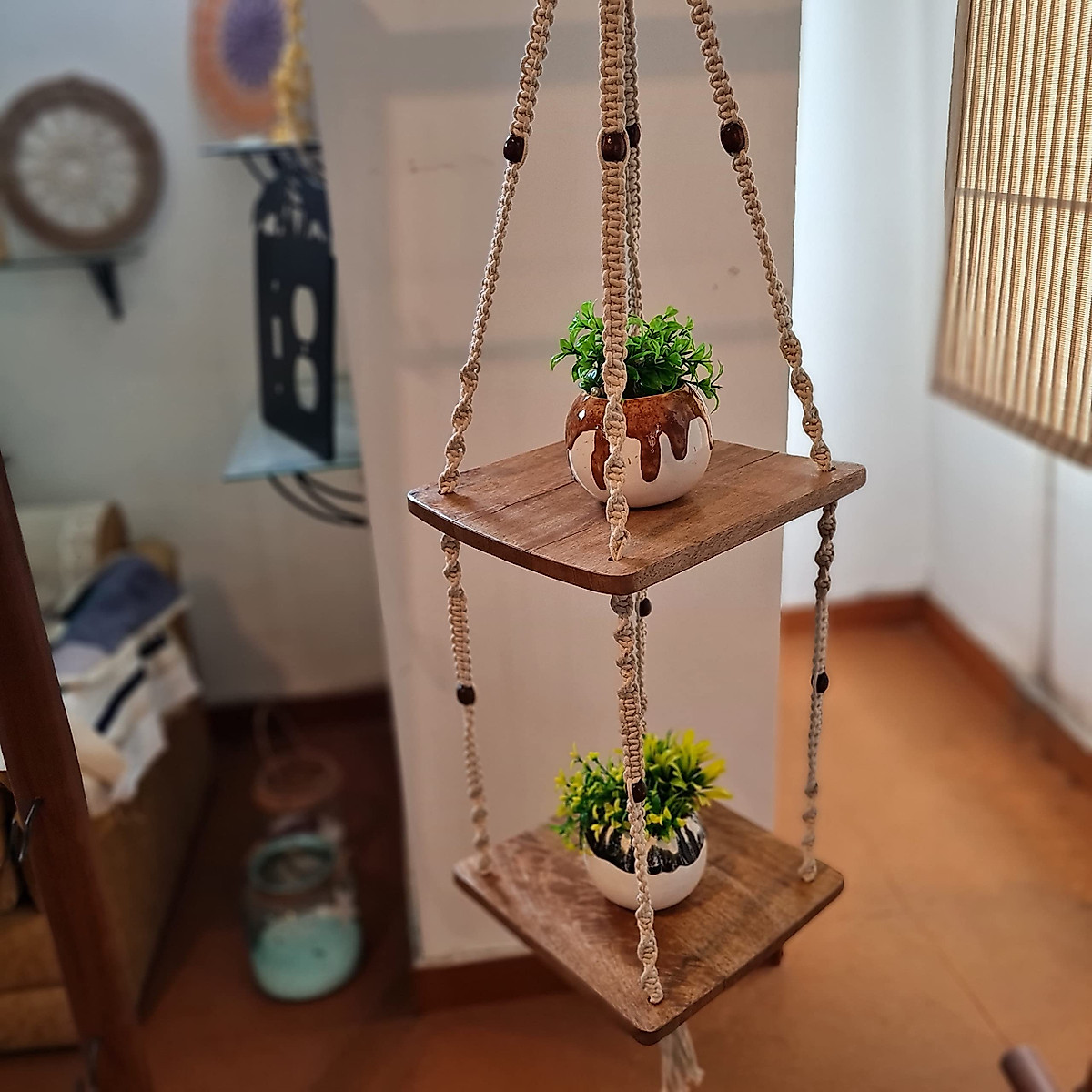 OAM Elegant Hanging Shelf - Wood Hanging Shelves - Farmhouse Rope Shelves for Bedroom Living Room Bathroom | Hanging Plant Shelf - Square 2 Tier Floating Shelf (Triangle Mount) | Black Beads