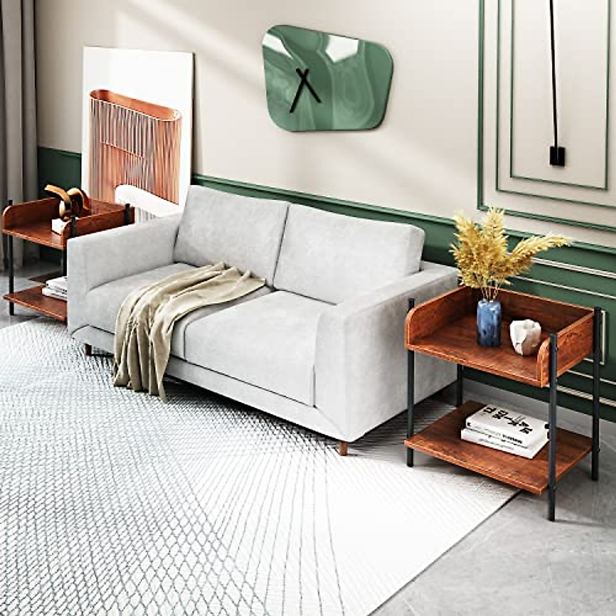 SAMTRA Nightstand, End Table with Open Wood Shelf, Bedside Tables with Steel Frame, Side Table for Bedroom, Living Room, Easy Assembly, Black and Rustic Brown