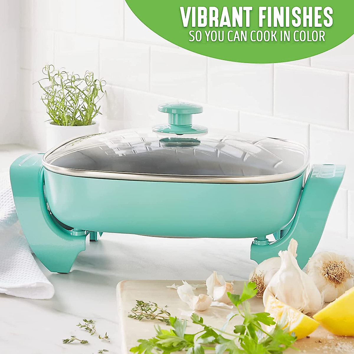 12" Ceramic Nonstick Electric Skillet - Square with Glass Lid, Dishwasher Safe, Turquoise