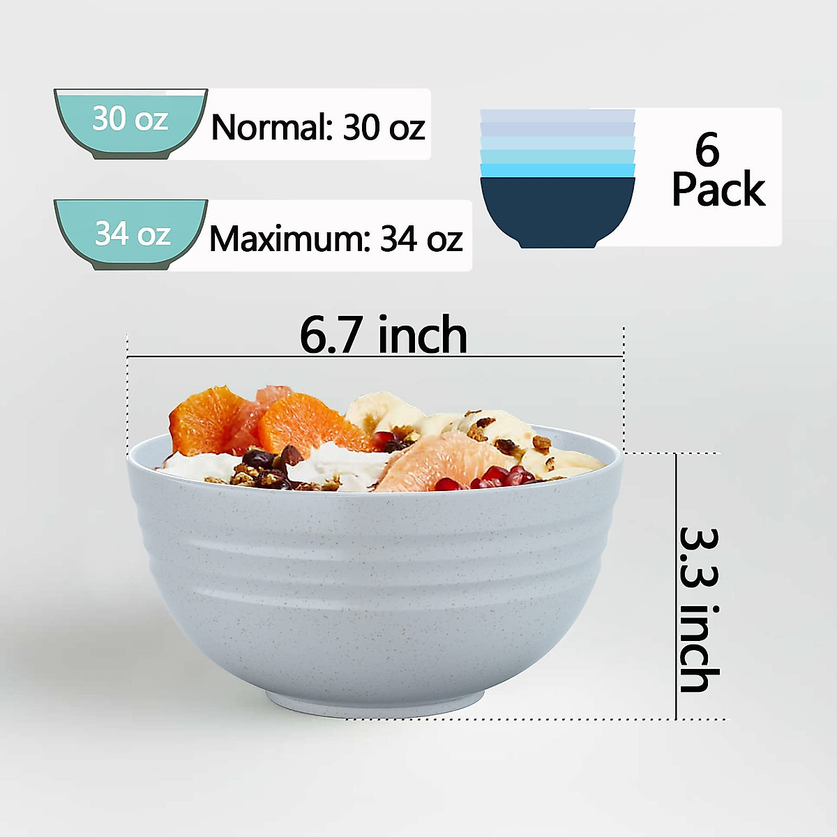 Homestockplus 【Set of 6】 Unbreakable Soup Bowls, 34 Ounces Big Bowls Microwave and Dishwasher Safe BPA-Free Bowl for Cereal, Salad, Soup, Ramen,Oatmeal Apply to Kitchen, Dishwasher & Microwave Safe