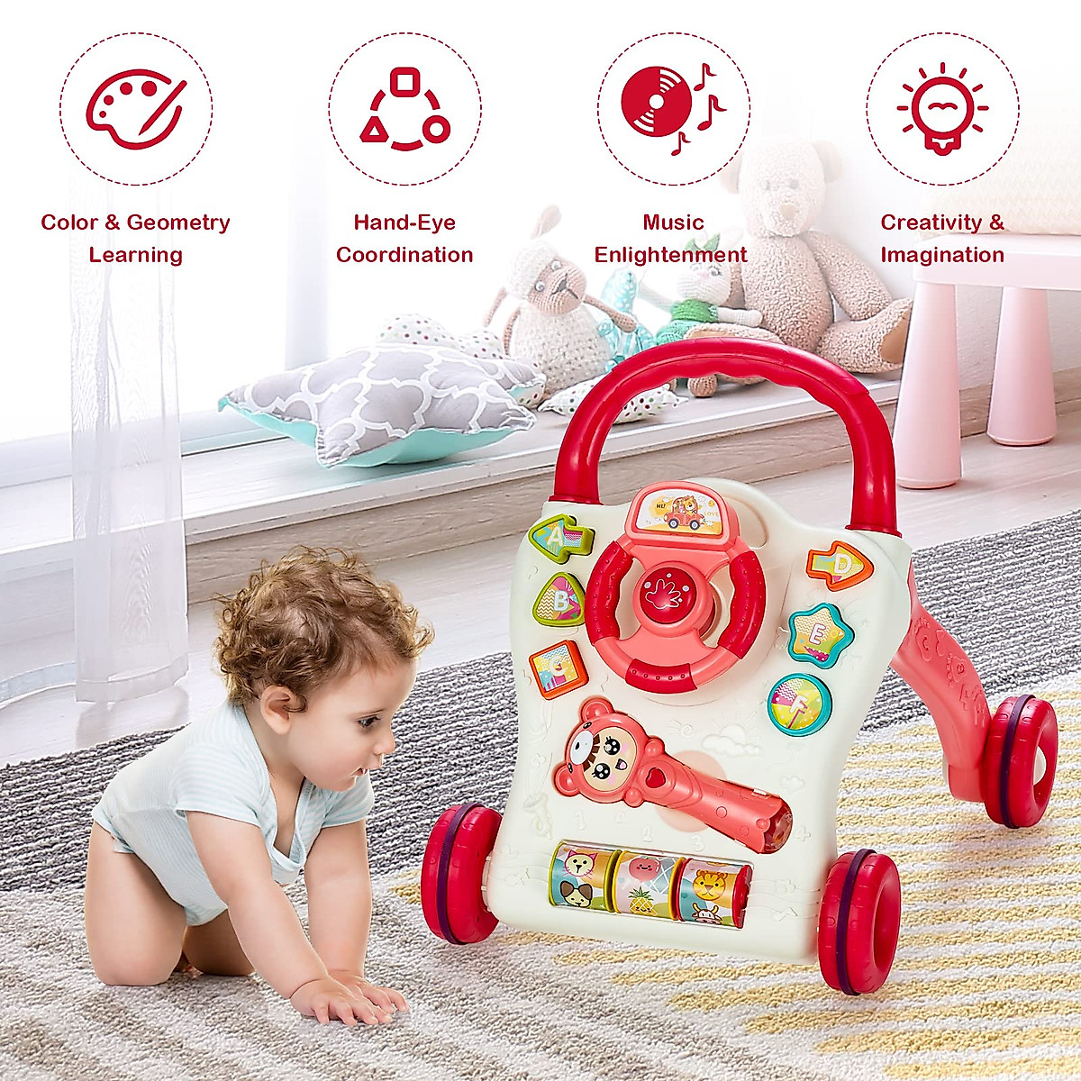 BABY JOY Sit to Stand Learning Walker, Baby Push Walker with Projector & Play Panel, Kids Early Education Activity Center with Lights & Sounds, Musical Walking Toys Gift for Toddler Boys Girls (Red)