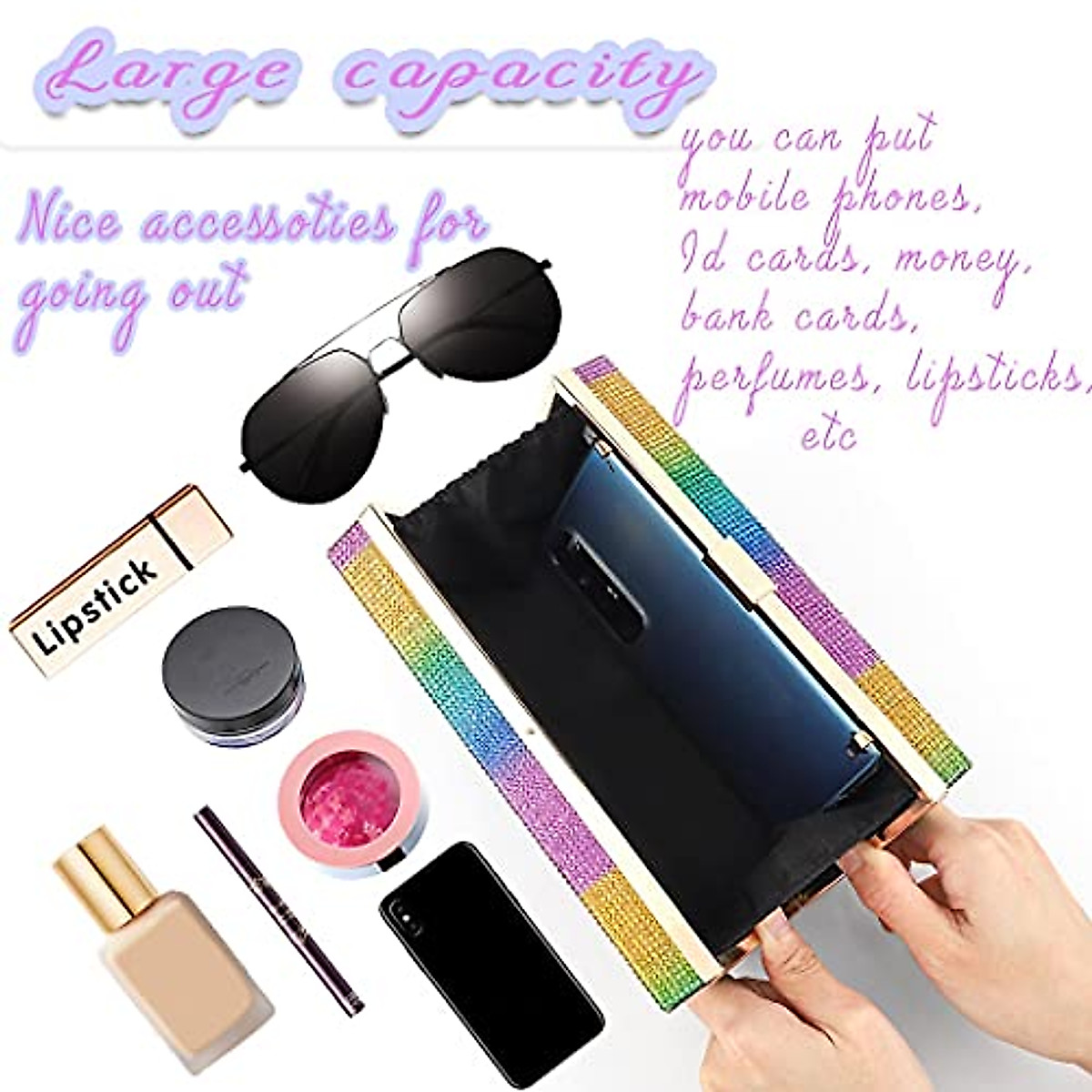 ELABEST Rainbow Rhinestone Evening Clutch Bag Polychrome Handbag Money Purses Sparkling Glisten Crystal Crossbody Shoulder Purse Ladies Wedding Cocktail Party Bag