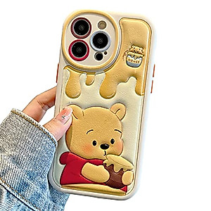 aartvark tees Compatible with iPhone 13 Pro Max Cute Case, TPU Leather Phone Emboss Cartoon case Soft Rubber Shockproof Protective for iPhone 13 Pro Max Case Cover for Women Girls (Yellow Bear)